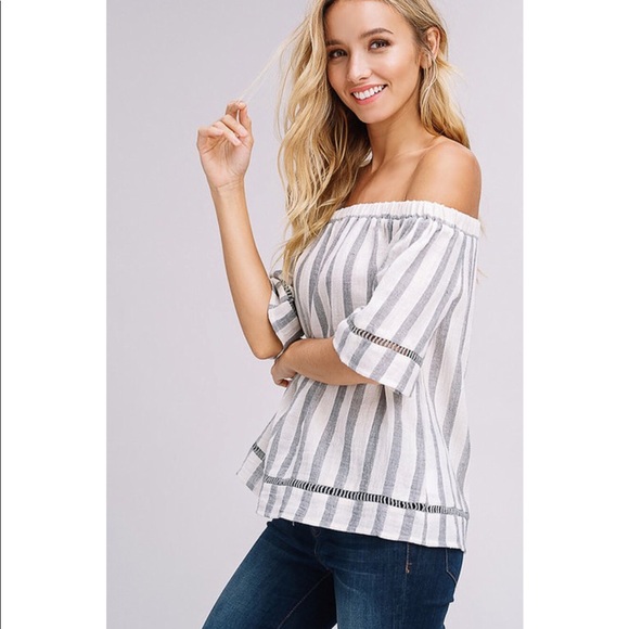 Tops | Gray Striped Off The Shoulder Top | Poshmark